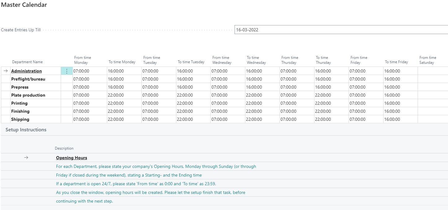 PrintVis Assisted Setup - Opening Hours - PrintVis Documentation